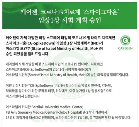 케어젠 코로나 스프레이 치료제 이스라엘 임상1상 승인 Sbs Biz