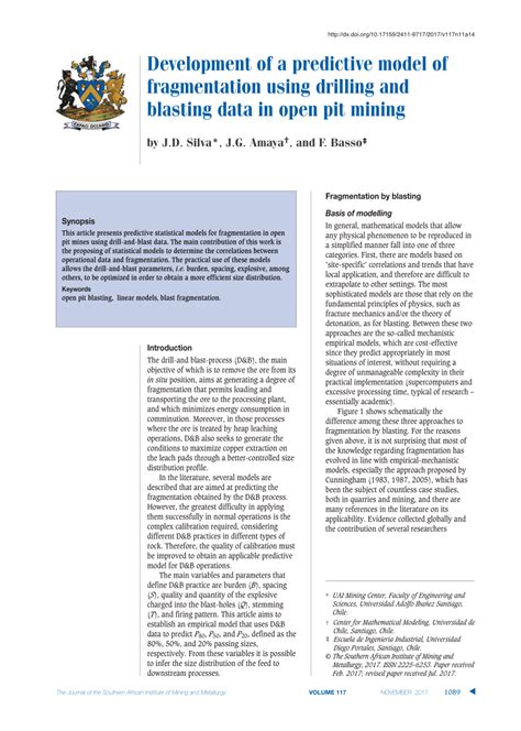 Pdf Development Of A Predictive Model Of Fragmentation Using Drilling And Blasting Data In