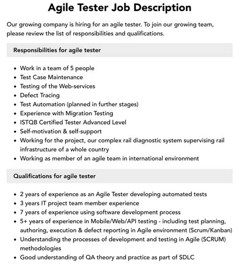 Agile Tester Job Description Velvet Jobs