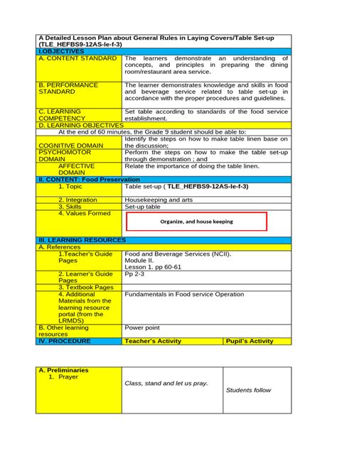 Lesson Plan Table Set Up Pdf