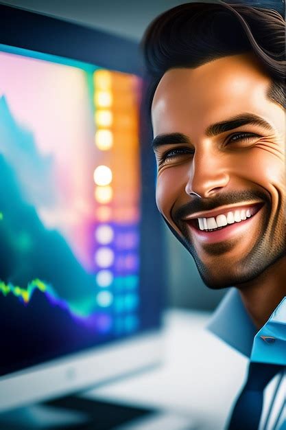 Premium AI Image A Man Smiling And Looking At A Computer Screen