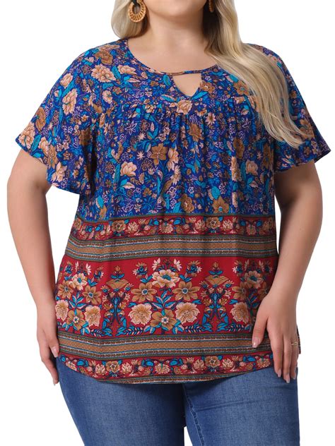 Agnes Orinda Womens Plus Size Boho Tops Floral Keyhole Neck Ruffle