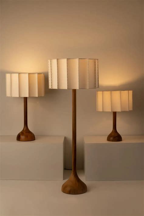 Organic Modern Small Table Lamp Natural Wood Handmade Ivory Fluted Shade Table Lamp Table