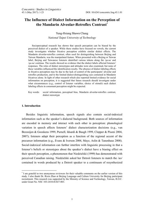 Pdf The Influence Of Dialect Information On The Perception Of The Mandarin Alveolar Retroflex