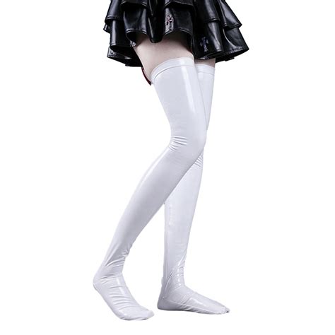 Womens Leather Wet Look Skinny Stocking Latex Contrast Thigh High
