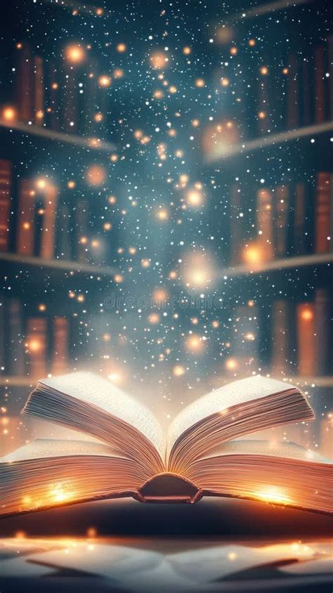 a magical library with floating books and glowing shelves an open book with light spilling from