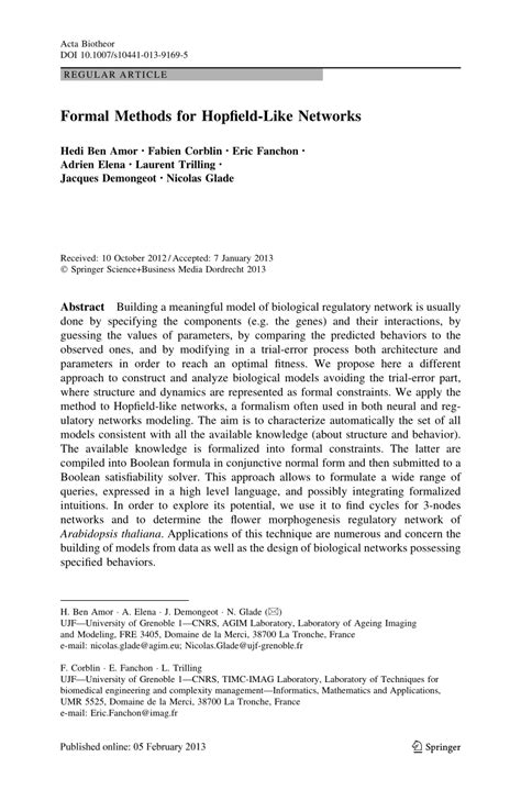 Pdf Formal Methods For Hopfield Like Networks