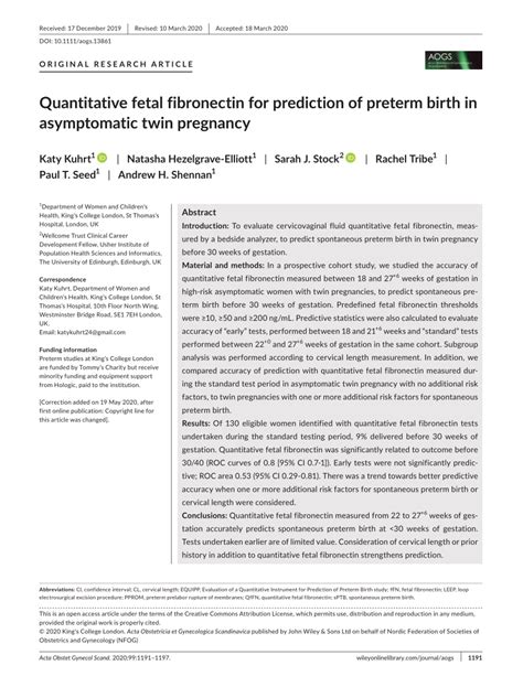 Pdf Quantitative Fetal Fibronectin For Prediction Of Preterm Birth In Asymptomatic Twin Pregnancy