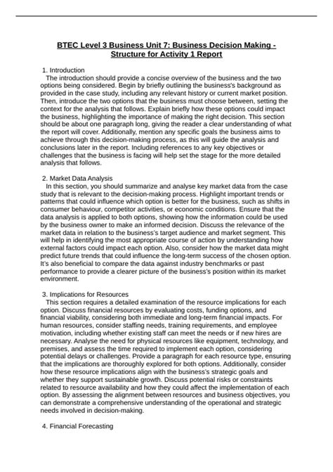 Btec Level 3 Business Unit 7 Business Decision Making Structure For