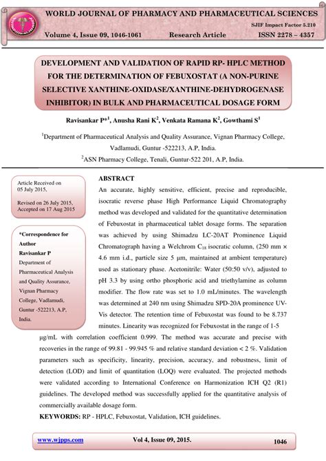 Pdf Development And Validation Of Rapid Rp Hplc Method For The Determination Of Febuxostat A