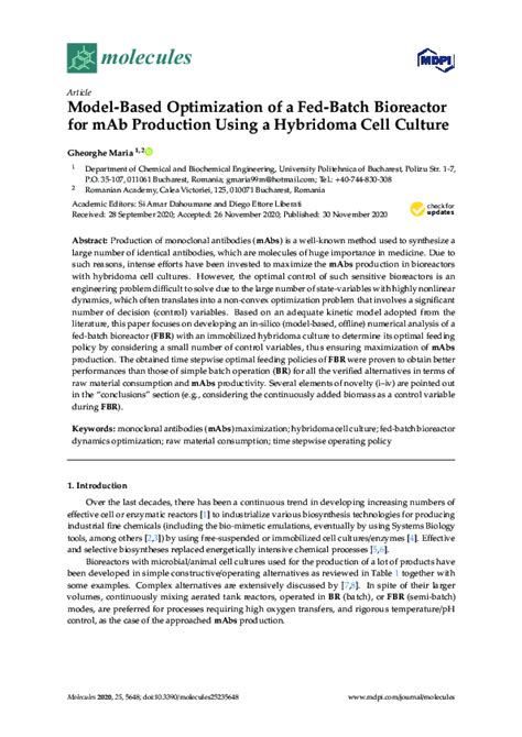 Pdf Model Based Optimization Of A Fed Batch Bioreactor For Mab Production Using A Hybridoma