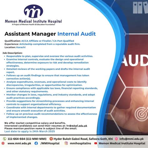 Assistant Manager Internal Audit Required Memon Medical Institute