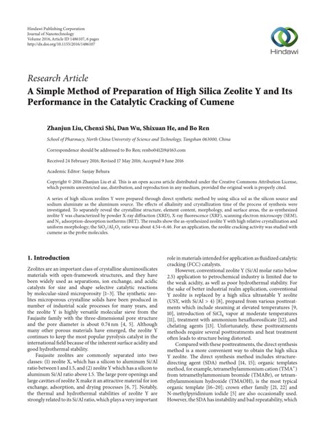 Pdf A Simple Method Of Preparation Of High Silica Zeolite Y And Its Performance In The