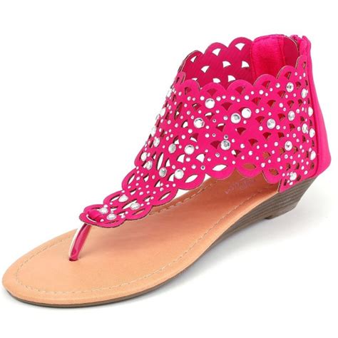 Womens Wedge Heel Sandals Fuschia Rhinestone Embellished Thongs