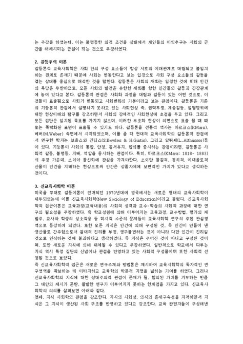 교육사회학의 경쟁하는 이론들기능주의 이론 갈등주의 이론 신교육사회학 이론에 대하여 핵심내용을 작성하고 3개의 이론을