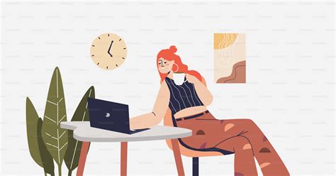 젊은 여성은 노트북을 사용하여 친구들과 온라인 화상 회의를 하고 동료와 일하거나 공부를 합니다 집에 컴퓨터가 있는 소녀 만화 평면 벡터 그림 벡터 Unsplash의