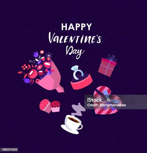 데이트에 대한 축제 로맨틱 요소의 발렌타인 데이 세트 결혼인사말 하트 모양 풍선 꽃 꽃다발 커피 과자 결혼식 반지전단지 초대장 포스터 브로셔 배너 벡터 일러스트 14에 대한