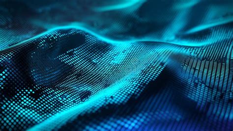 Abstract Blue Digital Wave Of Glowing Particles Flowing And Bending In A Dark Cyberspace