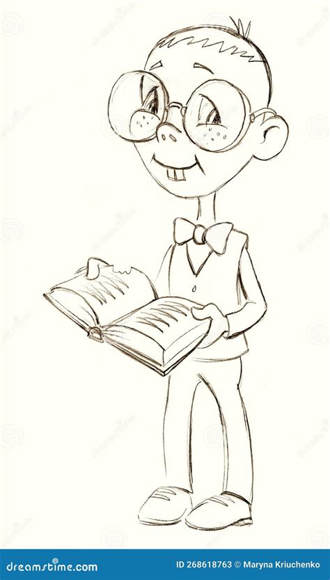 Big Headed Nerd With A Book Pencil Drawing Stock Illustration Illustration Of Brainy