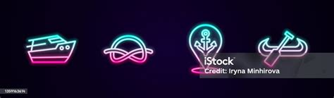 세트 라인 스피드 보트 해상 로프 매듭 앵커와 카약과 패들이있는 위치 빛나는 네온 아이콘 벡터 0명에 대한 스톡 벡터 아트 및