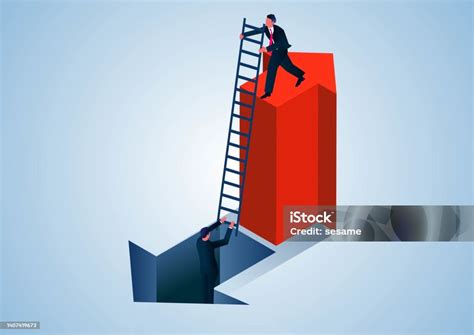 비즈니스 우정과 원조 땅에 갇혀있는 동료가 올라갈 수 있도록 사다리를 들고 키가 커지는 빨간 화살표 위에 서있는 등각 투영 사업가 기어오름에 대한 스톡 벡터 아트 및 기타