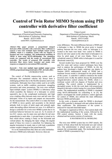 PDF Control Of Twin Rotor MIMO System Using PID Controller With
