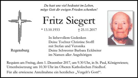 Traueranzeigen Von Fritz Siegert Mittelbayerische Trauer