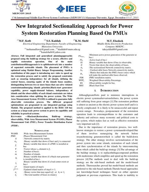 Pdf New Integrated Sectionalizing Approach For Power System Restoration Planning Based On Pmus