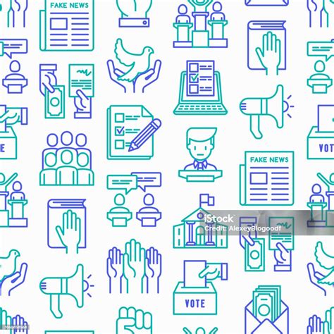얇은 선 아이콘으로 선거 및 Votings 원활한 패턴 유권자 투표 용지 상자 취임식 부패 토론 대통령 정치 승리 선전 뇌물