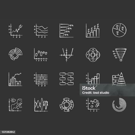 차트 및 그래프 분필 아이콘 세트입니다 파이 벤 다이어그램 수평 수직 히스토그램 지역 차트 파레토 곡선 온도 지도 폴라 워치