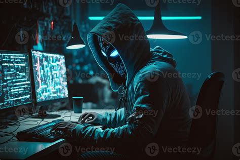 Hooded Hacker With Mask Using Laptop Break Or Attack Into Data Server