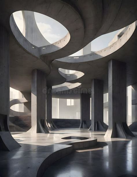Modern Architectural Structure With Curved Concrete Elements And Open Spaces Creating A