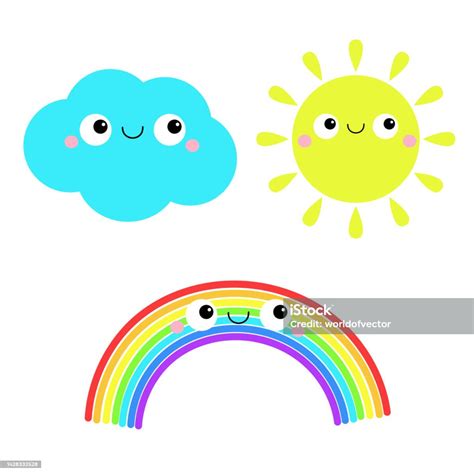 태양 구름 무지개 아이콘 세트 귀여운 만화 카와이 재미있는 아기 캐릭터 아기 컬렉션 미소 짓는 얼굴 감정 평면 디자인 파스텔 색상 격리 흰색 배경 0명에 대한 스톡 벡터