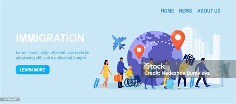 이민 이민 사람들 재 정착 이민자들은 줄을 서서 공항에서 출발을 기다리고 있습니다 선진국으로 이주하는 외국인 시민 인구 이동 인간 이주 도로지도에 대한 스톡 벡터 아트 및