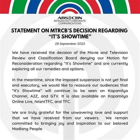 Abs Cbn On Mtrcbs Decision Regarding Its Showtime Pep Ph