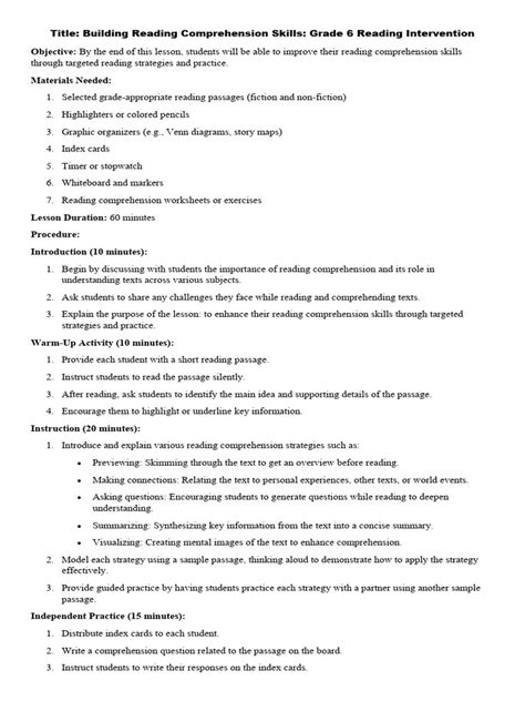Reading Lesson Plan G6 Pdf Reading Comprehension Behavior