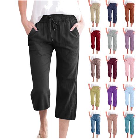 Qatainlav Capri Pants For Women Summer Linen Loose Fit Cropped Trousers