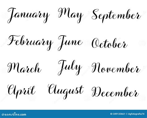 Month Names Cursive Typography Set Handwritten Calligraphic Outline Script Collection Of