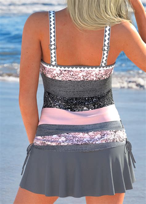 Drawstring Multi Stripe Print Dark Grey Marl Tankini Set Modlily USD