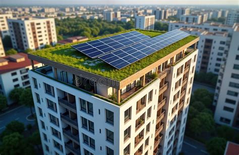 Modern Eco Friendly Apartment Building In City Rooftop Solar Panels