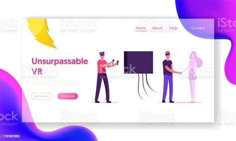 Vr 안경 레크리에이션 웹 사이트 방문 페이지의 사람들 증강 현실 고글 데이트를 입고 소녀와 Virtyal 게임 웹 페이지 배너를 재생 하는 남성 캐릭터 만화 플랫 벡터