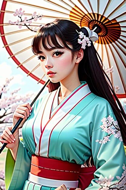 Premium Ai Image A Girl In A Kimono Holding A Parasol
