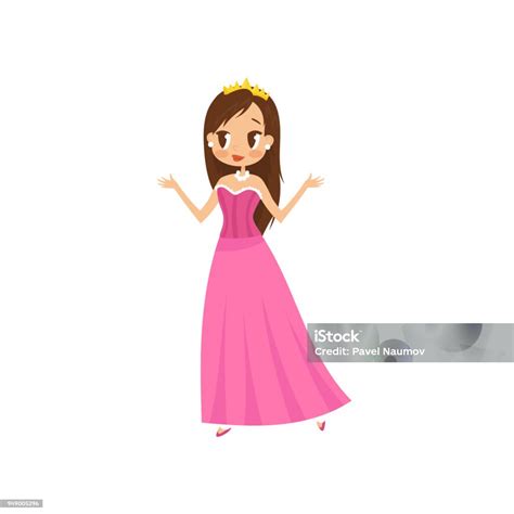 분홍색 드레스와 흰색 배경에 티아라 벡터 일러스트 레이 션에 아름 다운 작은 공주 귀여운에 대한 스톡 벡터 아트 및 기타 이미지
