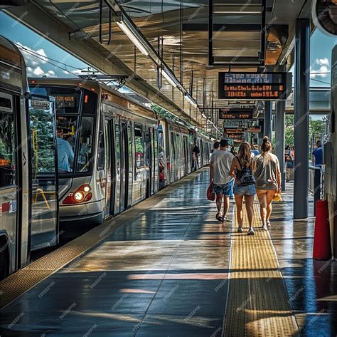 Public Transit Station With People Boarding Buses And Trains Premium
