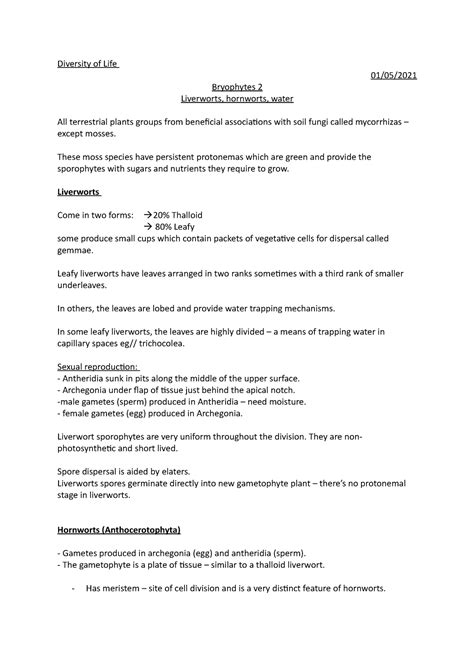 Bryophytes 2 Lecture Notes 6 Diversity Of Life 30 04 2019 Bryophytes 2 Liverworts Hornworts