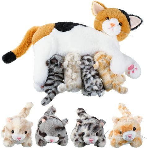 Skylety Nurturing Cat Stuffed Animal With 4 Plush Kittens