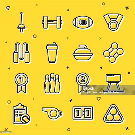 랙 삼각형 폼멜 말 아령 미식 축구 피트니스 셰이커 점프 로프 펜싱 및 컬링 스포츠 게임 아이콘에 대한 돌에 세트 라인 당구 공 벡터 건강한 생활방식에 대한 스톡 벡터 아트