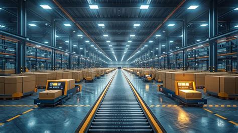 Futuristic Automated Warehouse With Robotics And Conveyor Belts