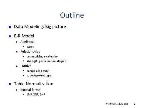 Entity Relationship Modeling Normalization S 511 Session 5