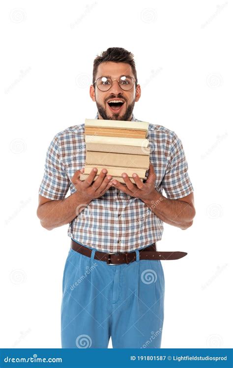 Nerd Holding Books And Looking At Camera Isolated On White Stock Image Image Of Happy